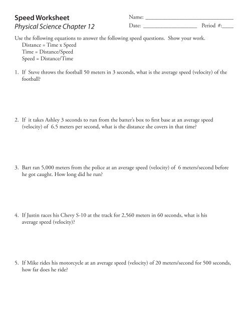 Physical Science Speed Worksheet - Scienceworksheets.net Physical Science Speed Worksheet - Scienceworksheets.net